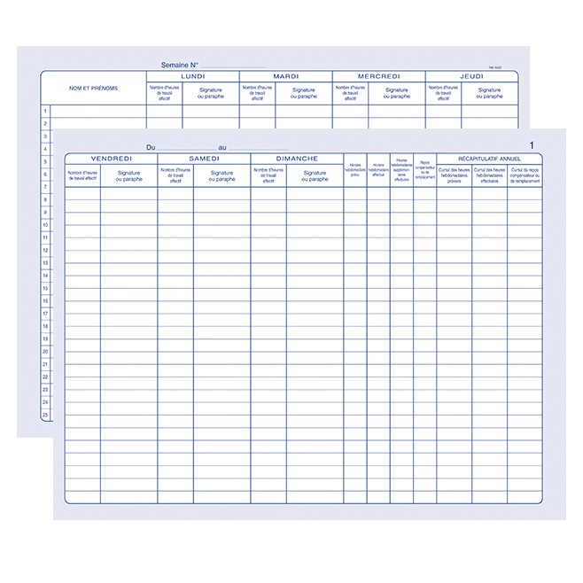 Elve Registre Suivi hebdomadaire du temps de travail 250 x 320 mm ...