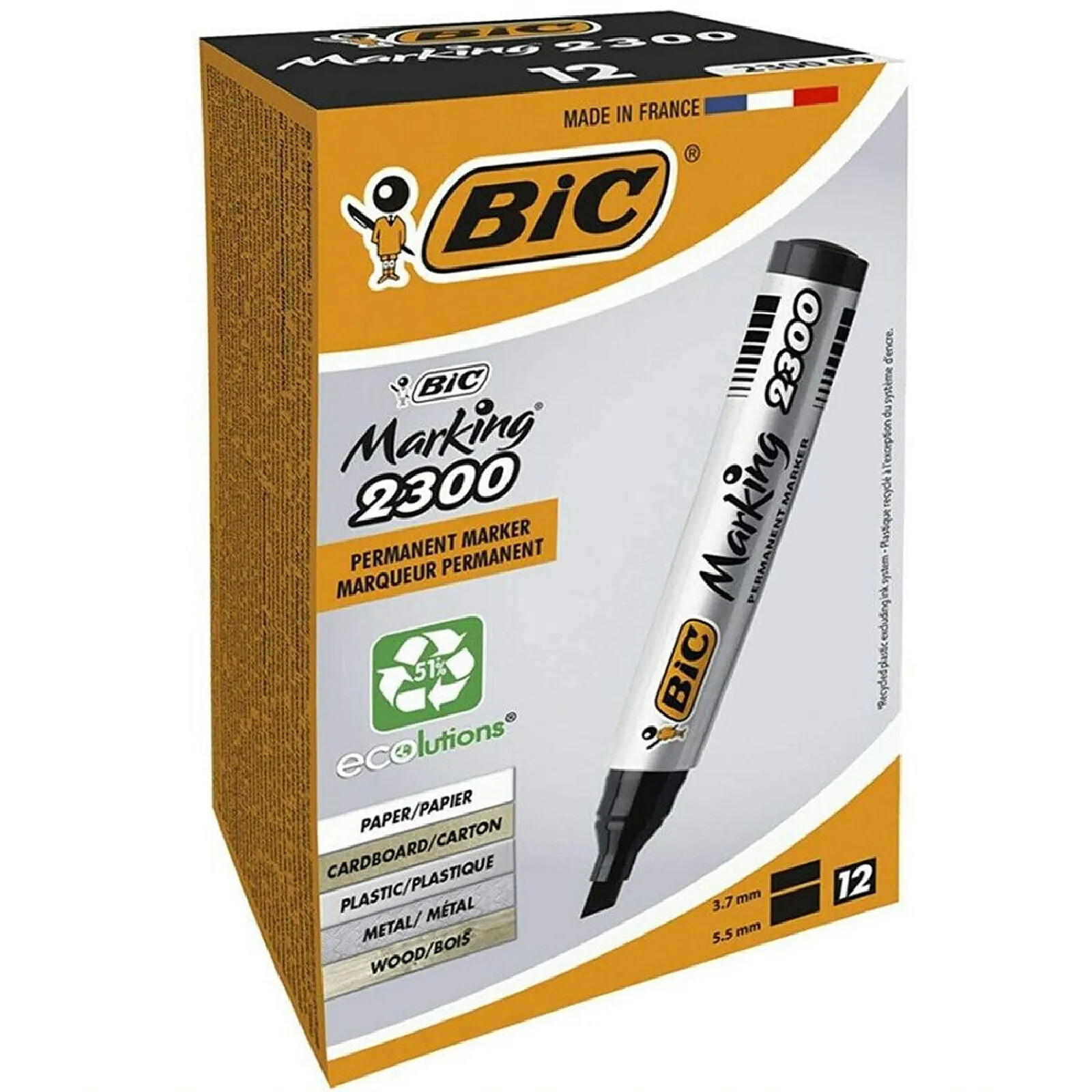 BIC Marqueur Permanent MARKING 2300 pointe Biseau Large Noir x 12 ...