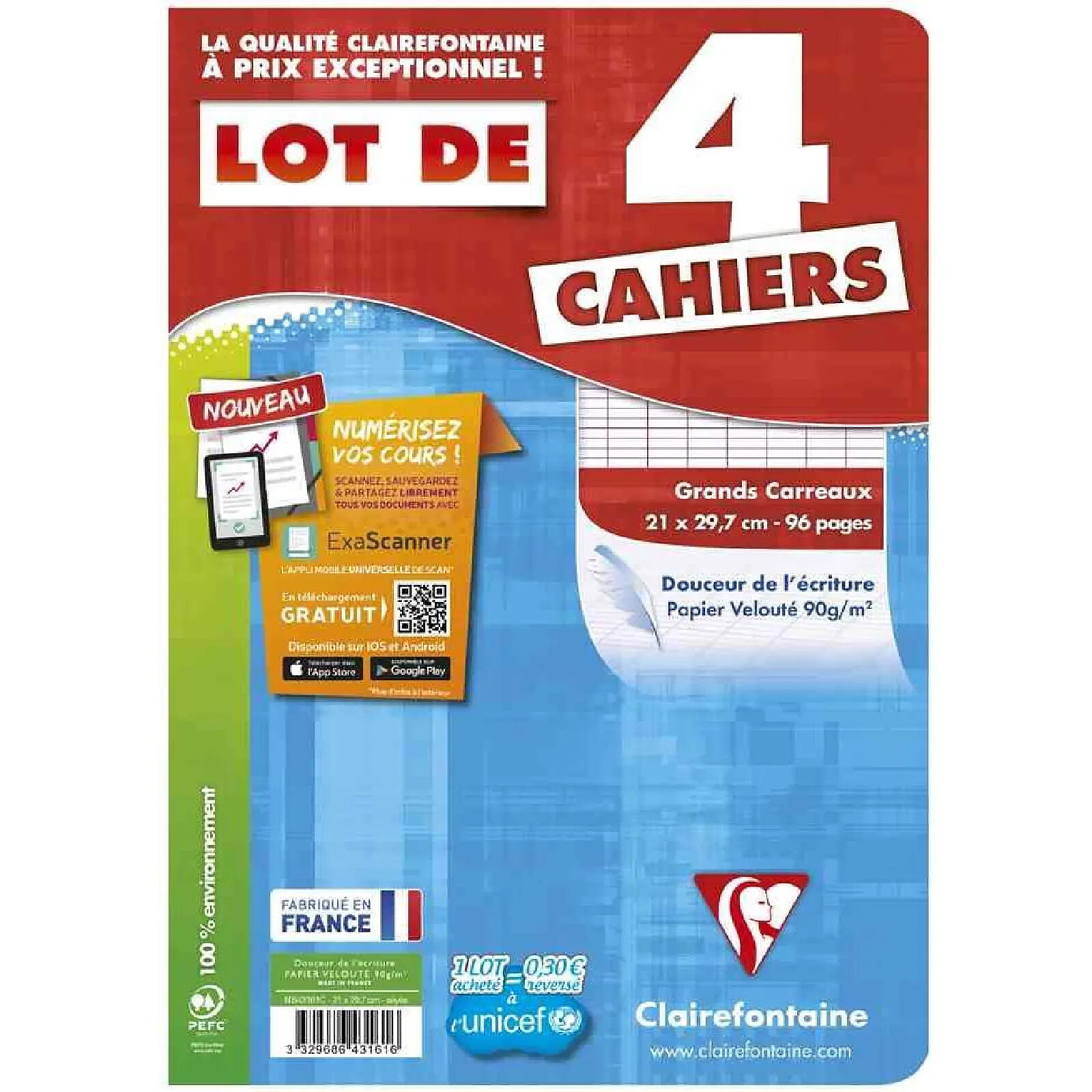 CLAIREFONTAINE Lot de 4 Cahiers Piqués A4 96 pages 90g Séyès - Cahier - LDLC
