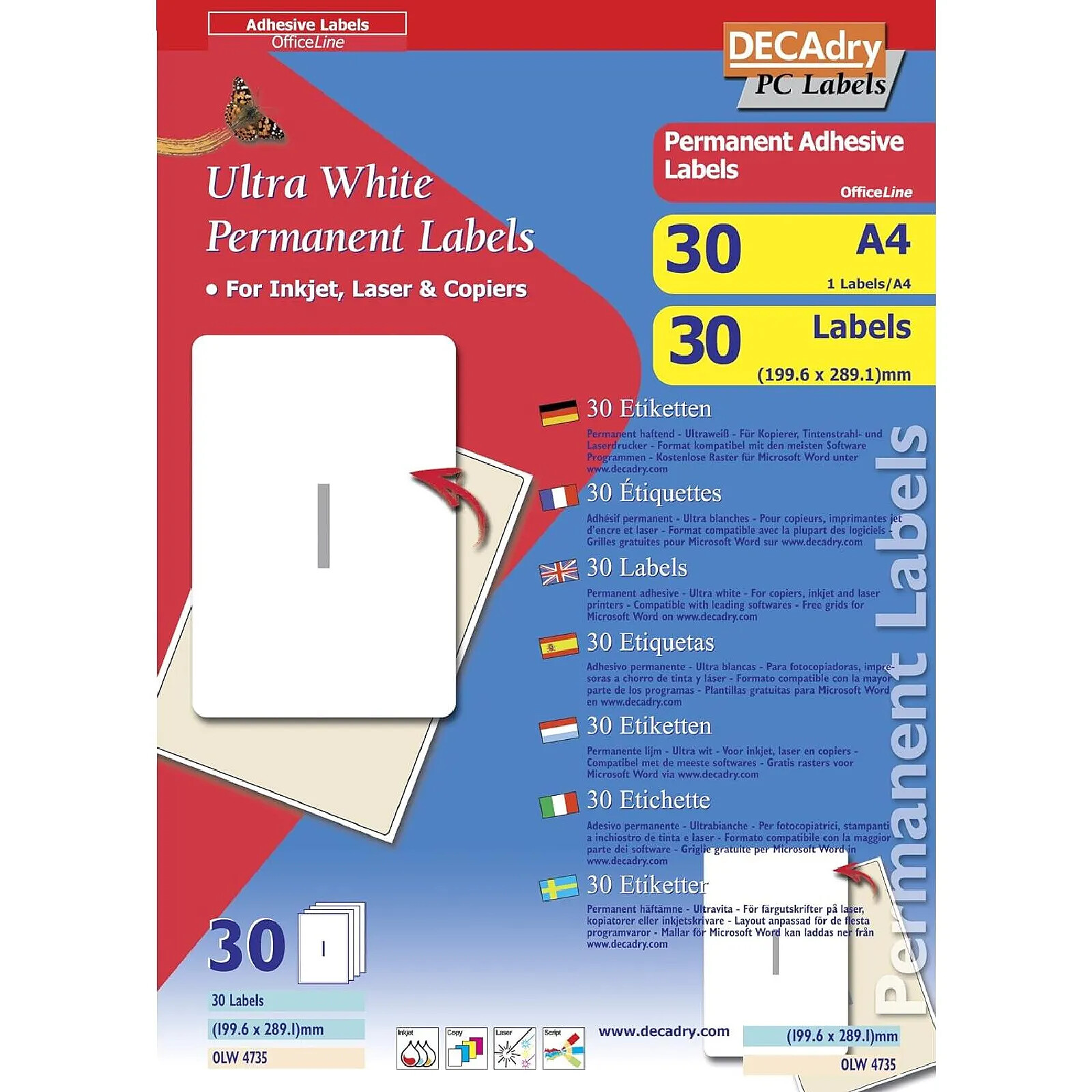 DECADRY Pochette 30 étiquettes blanches multi-usage 199,6 x 289,1 mm ...