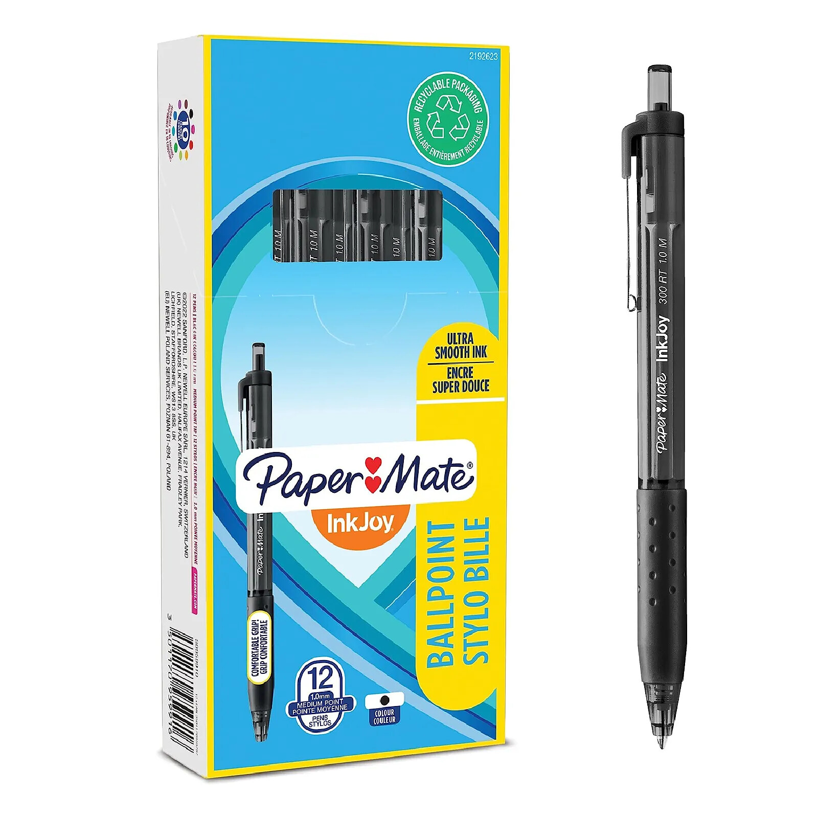 PAPER MATE Stylo à bille InkJoy 300 RT Rétractable Pointe Moy Noir x 12 ...