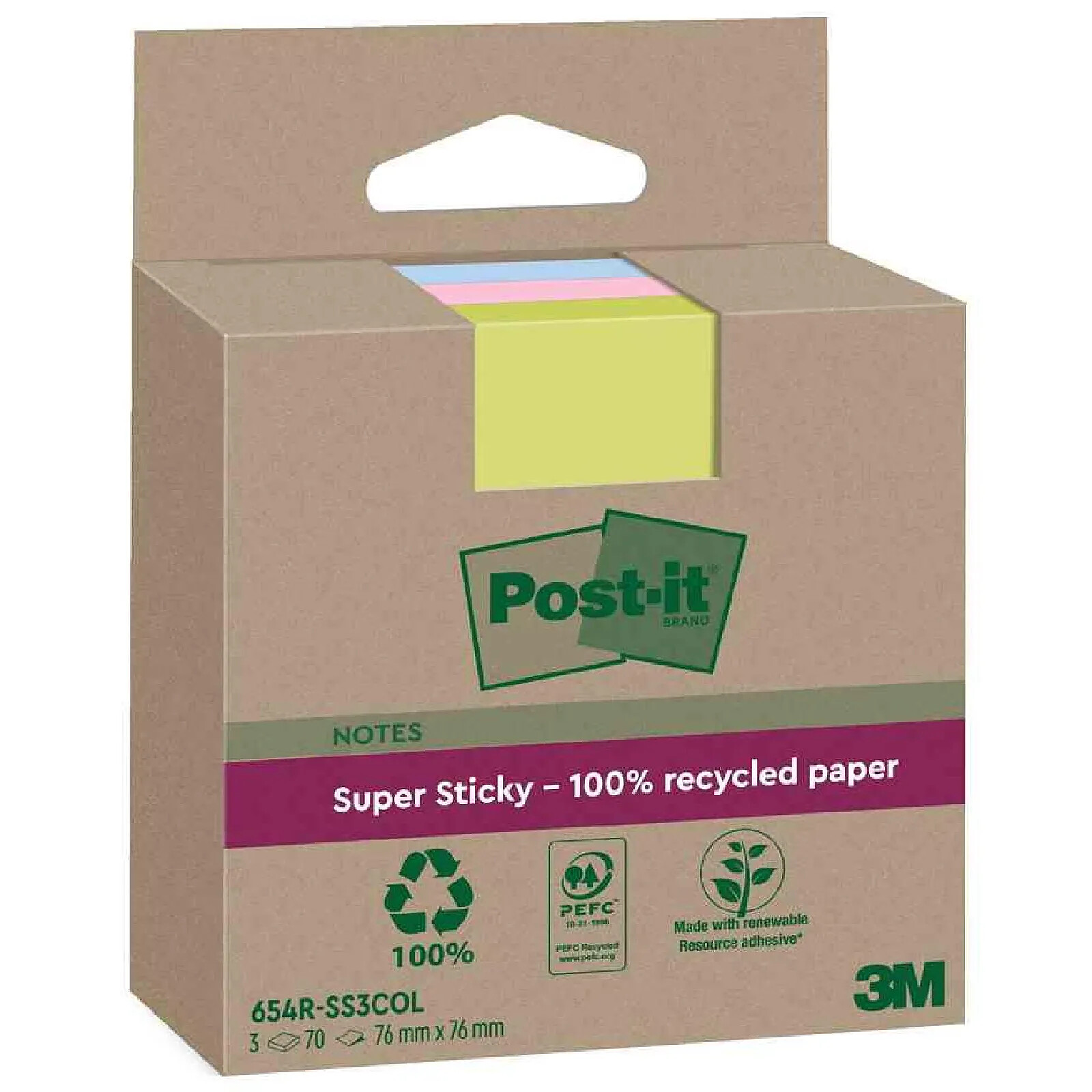 POST-IT Super Sticky Recycling Notes, 76 x 76 mm, coloré - Bloc ...