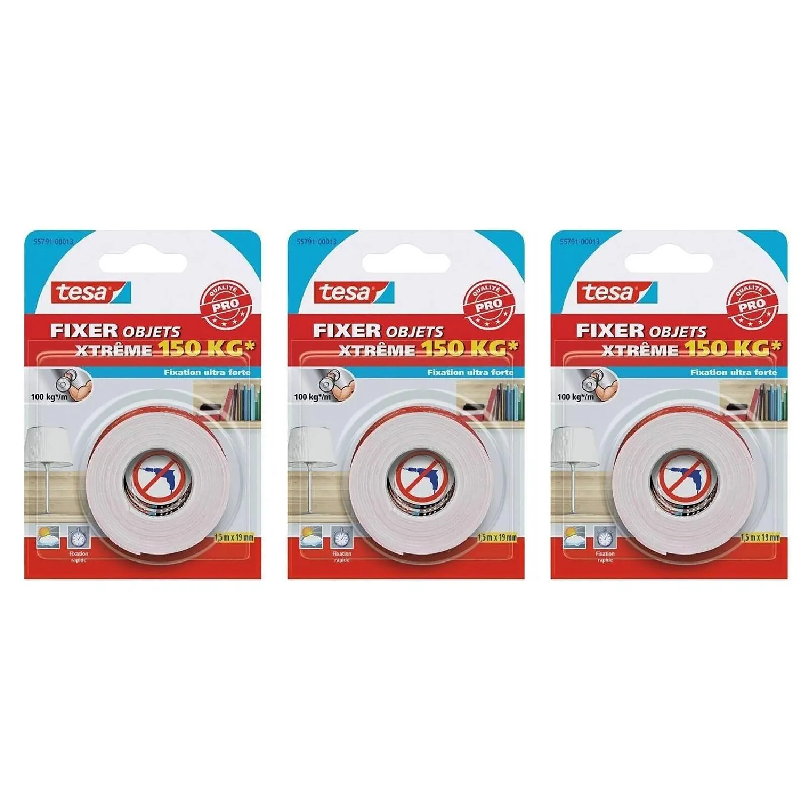 TESA Adhésif Fixer Objets Double face xTREME 150Kg 1,5m x 19mm x 3 ...