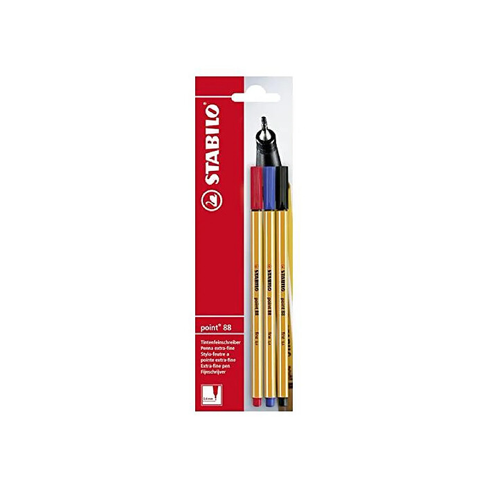 STABILO Lot de 3 Stylo-Feutre POINT 88 Pointe Fine 0,4 mm rouge, bleu ...