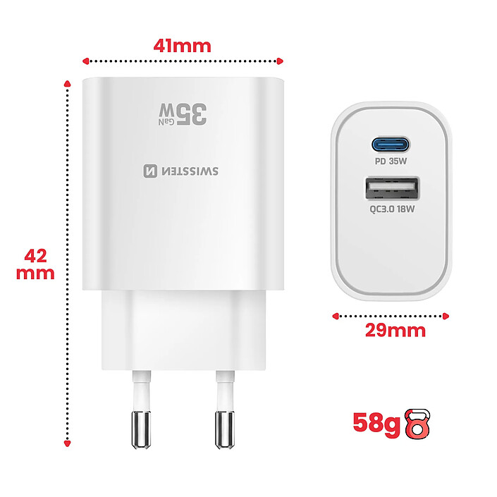 Swissten Chargeur USB-C 35W Power Delivery et USB-A Quick Charge 3.0 ...